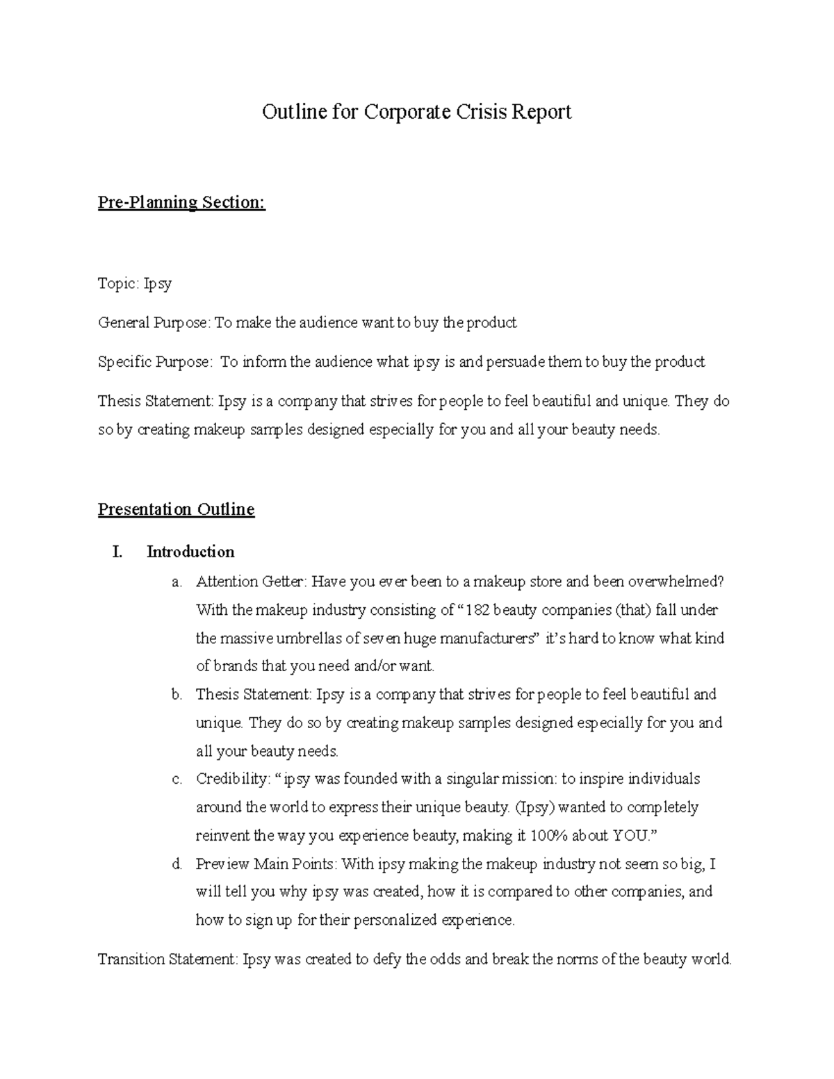 Ipsy Corporate Crisis Report - Outline for Corporate Crisis Report Pre ...