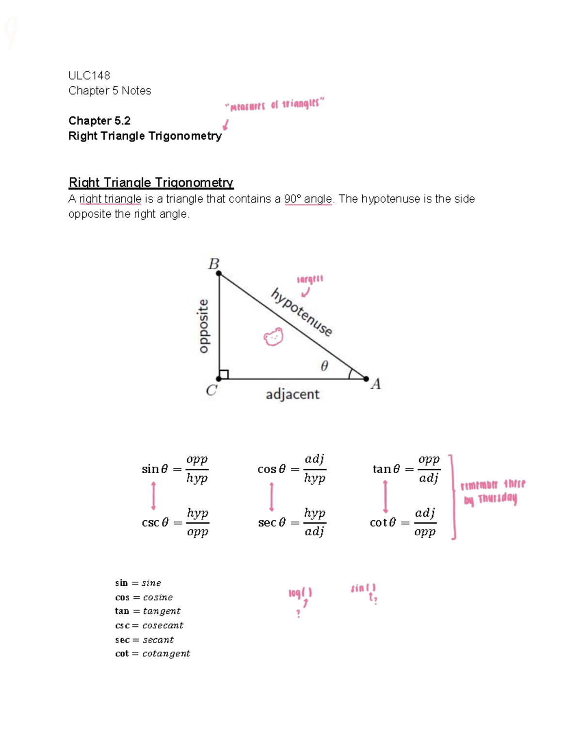 Chapter 5.2 Notes - ULC Chapter 5 Notes Chapter 5. Right Triangle ...