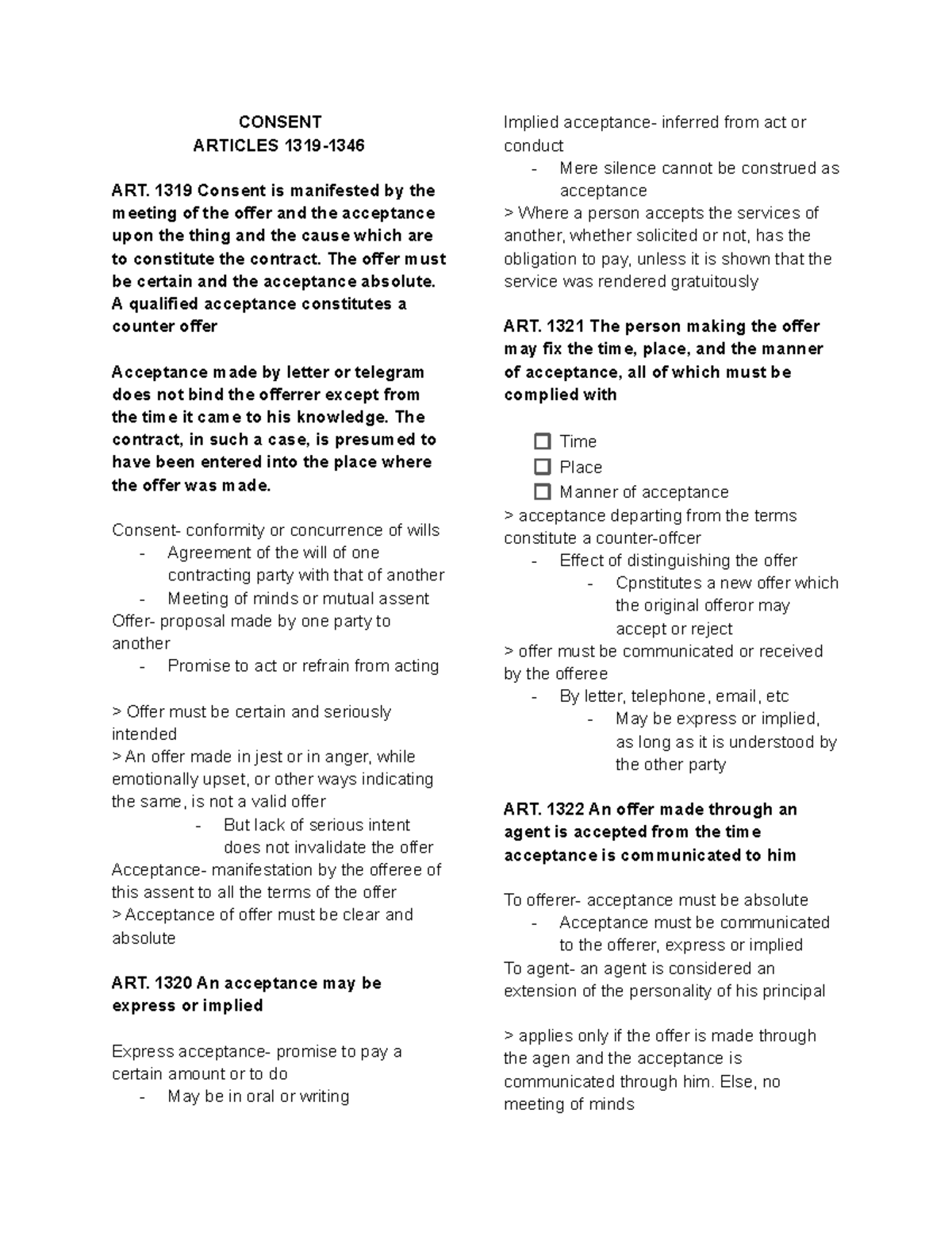 Coblaw 1319-1358 - Obligations and Contracts - CONSENT ARTICLES 1319- ART. 1319 Consent is - Studocu