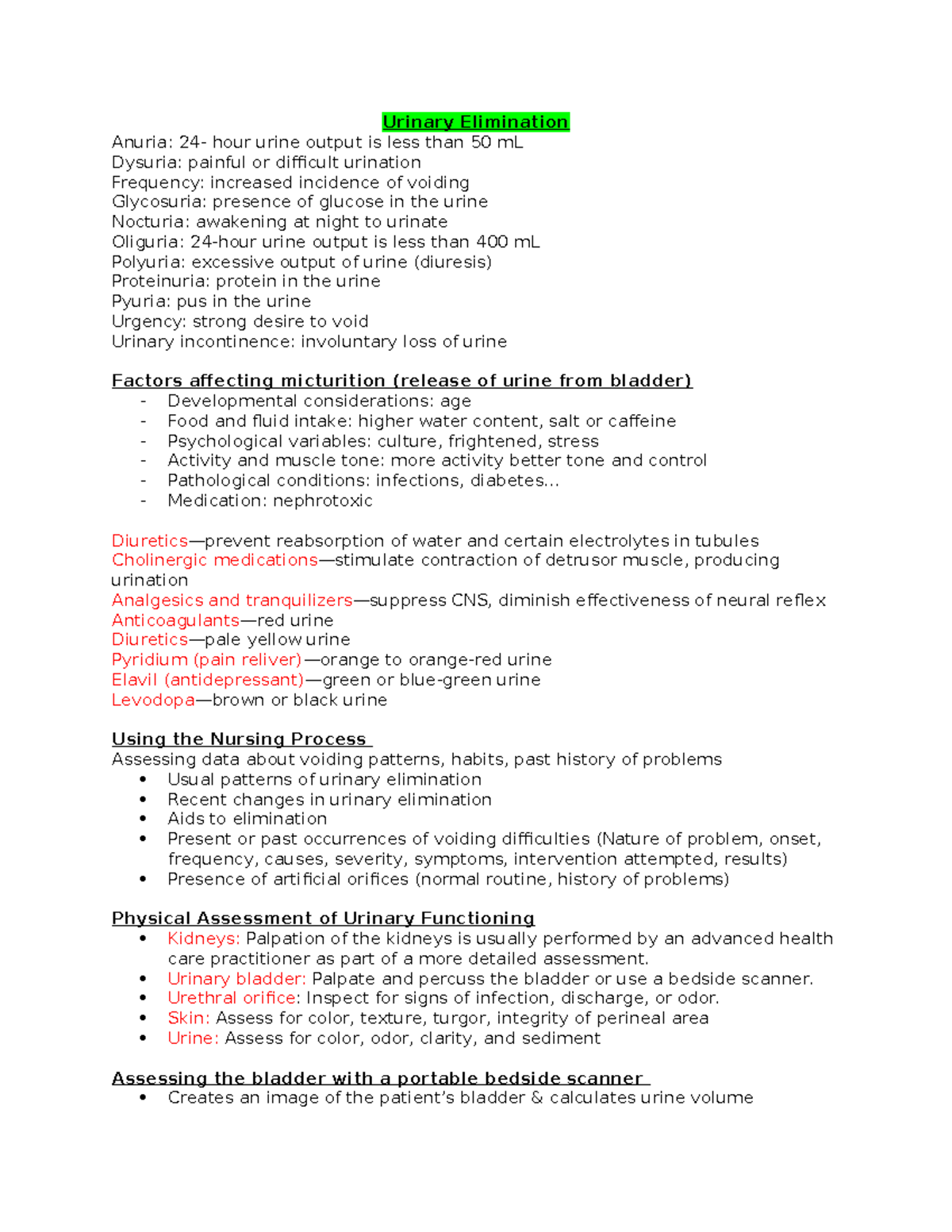 Urinary Elimination - Urinary Elimination Anuria: 24- hour urine output ...