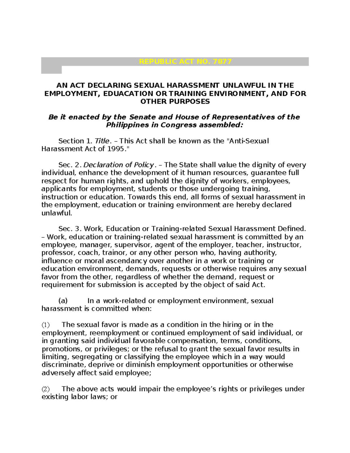 RA 7877 - Anti-Sexual Harassment Law - REPUBLIC ACT NO. 7877 AN ACT ...