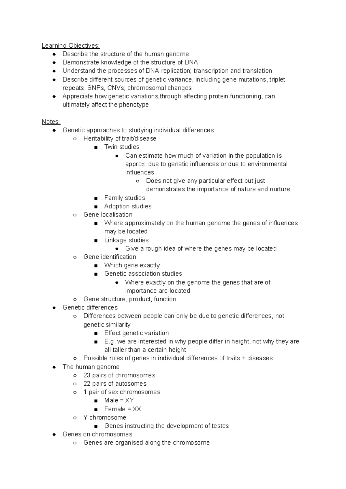 1. Basic Human Genetics - Learning Objectives: Describe the structure ...