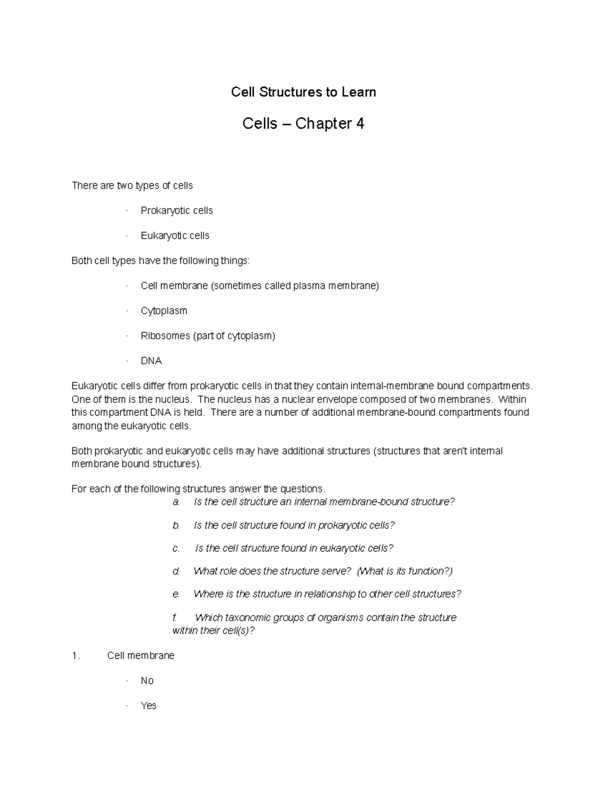 Cell Structures Review - Cell Structures to Learn Cells – Chapter 4 ...