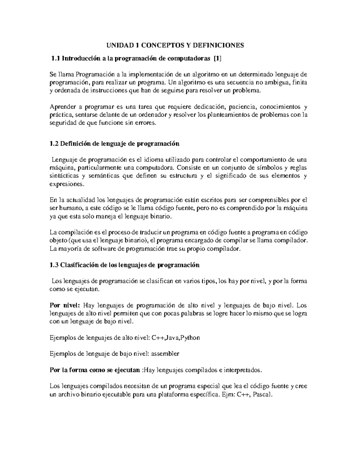 Unidad 1 - Documento - UNIDAD 1 CONCEPTOS Y DEFINICIONES 1 Introducción ...