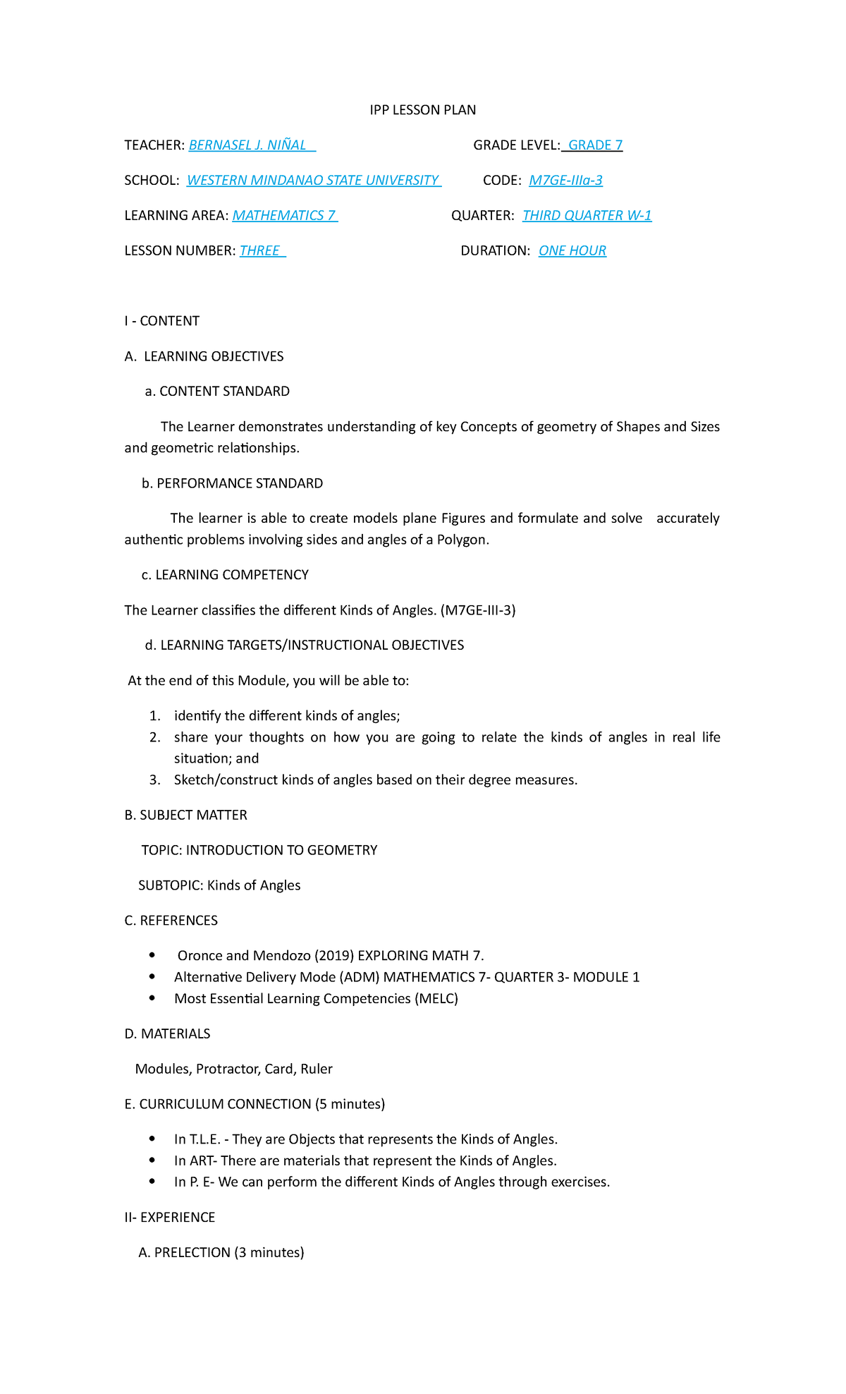 LP 9 - This lesson pan is about kinds of Angles - IPP LESSON PLAN ...