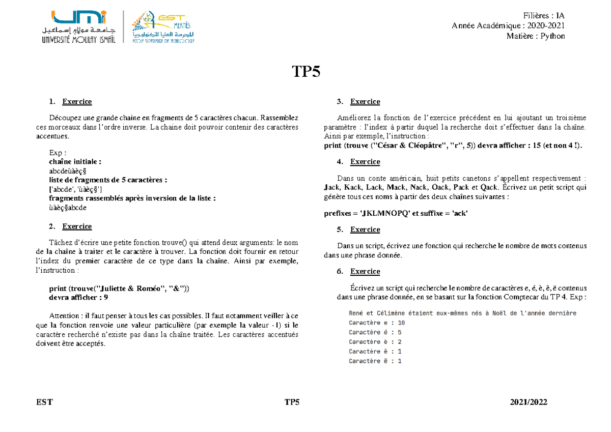TP5 - TP5 DE PYTHON - Année Académique : 2020- Matière : Python TP Exercice Découpez une grande ...