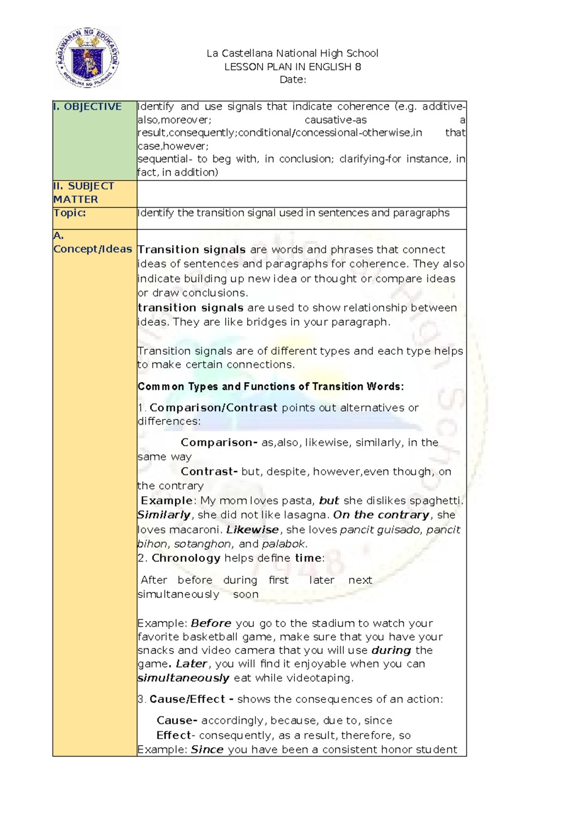 Q1 W4 Transition Signal - La Castellana National High School LESSON ...