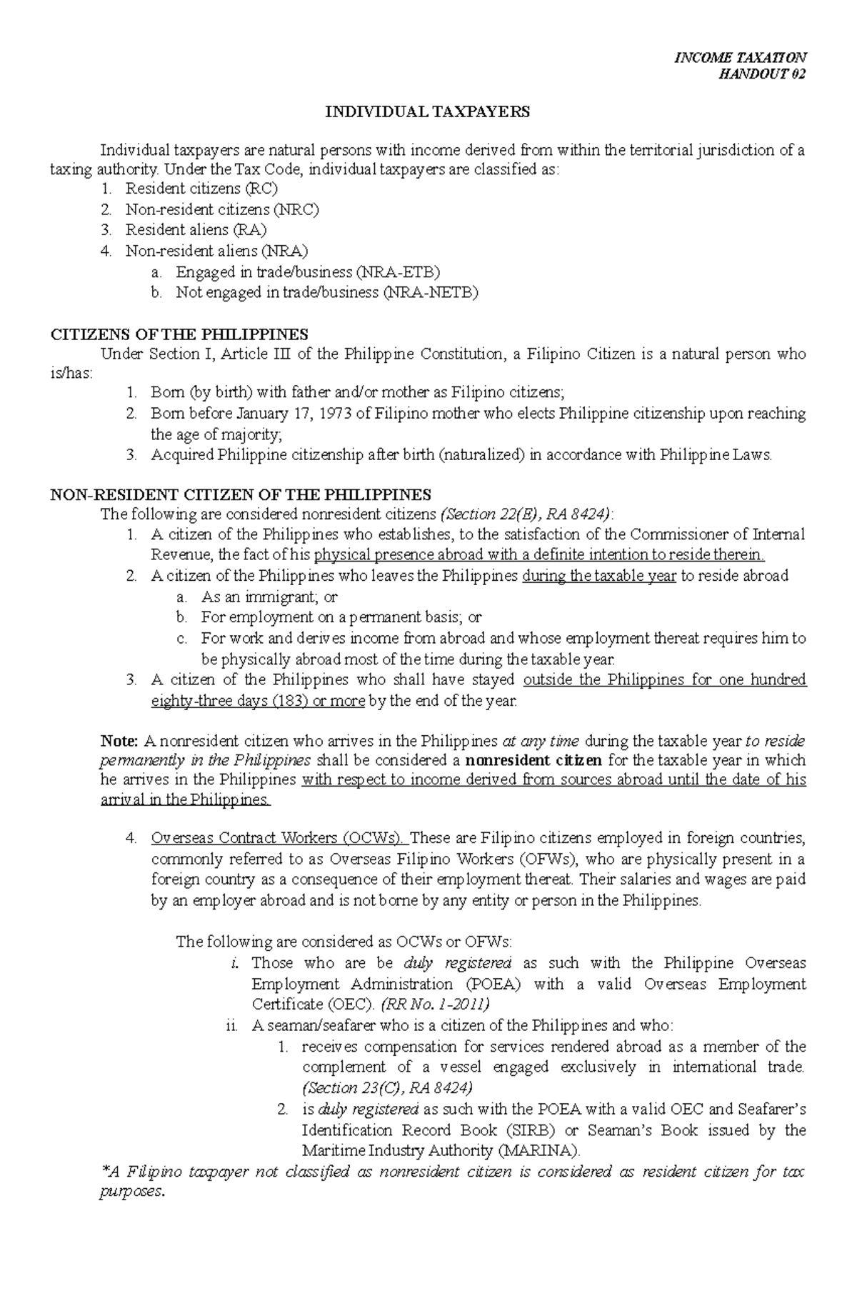2 Individual Taxpayers - HANDOUT 02 INDIVIDUAL TAXPAYERS Individual ...