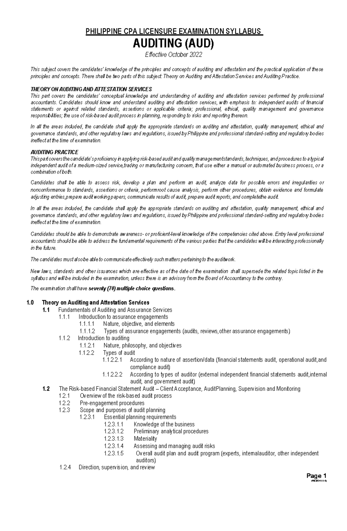 AUD Syllabus - Oct 2022 Cpale - PHILIPPINE CPA LICENSURE EXAMINATION ...