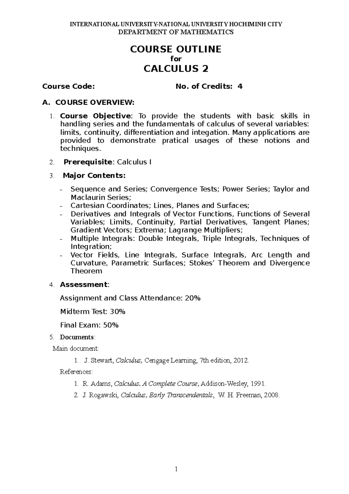 Syllabus Calculus 2 - PRODUCTION MANAGEMENT - INTERNATIONAL UNIVERSITY ...