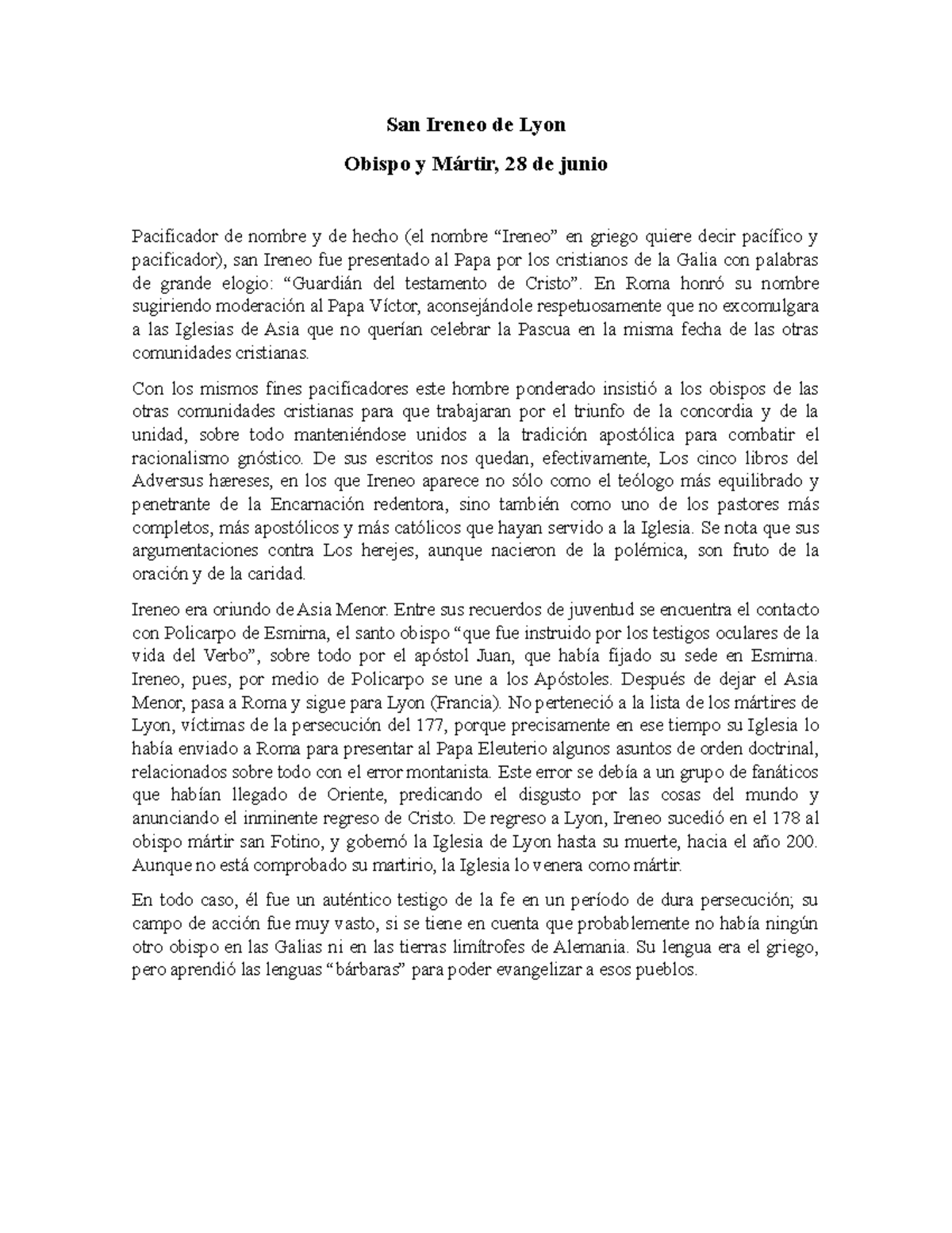 San Ireneo de Lyon - San Ireneo de Lyon Obispo y Mártir, 28 de junio ...