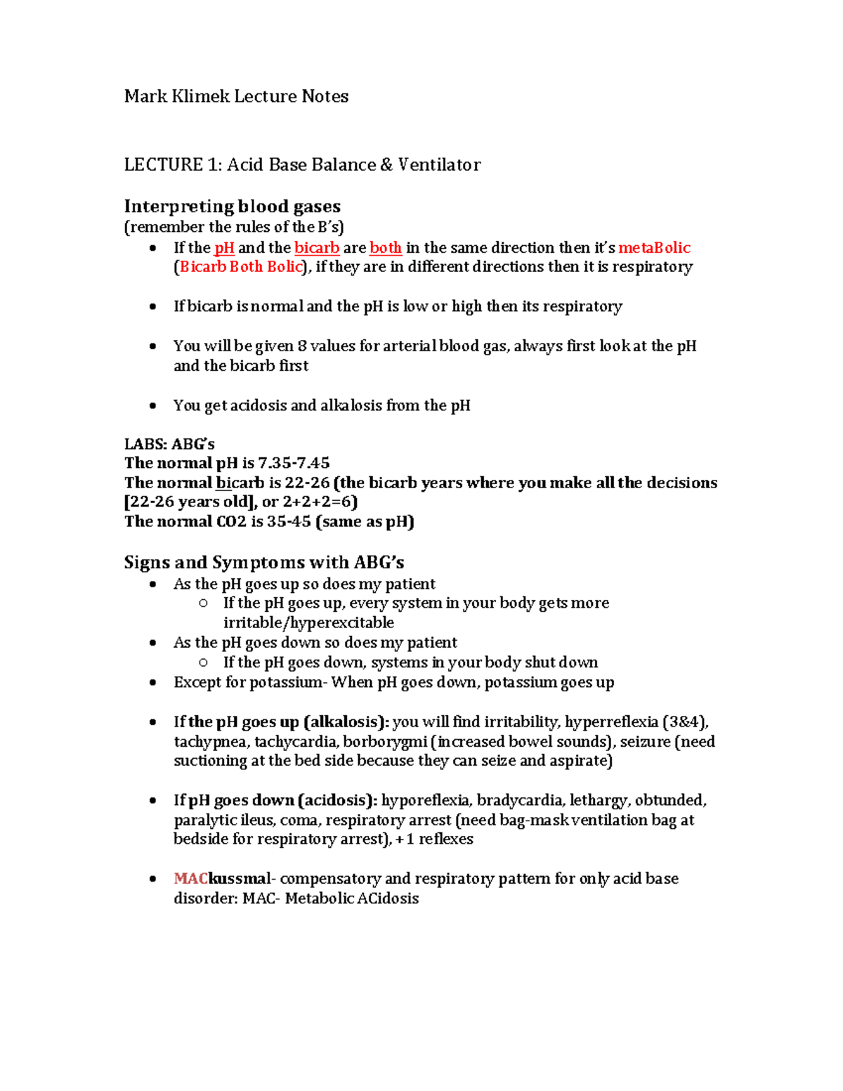 Nclex SG Mark Klimek Notes - Mark Klimek Lecture Notes LECTURE 1: Acid ...