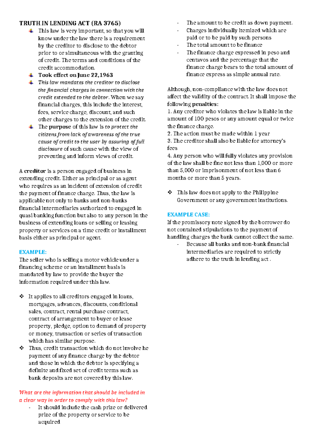 Truth IN Lending ACT - ctto - TRUTH IN LENDING ACT (RA 3765) This law ...