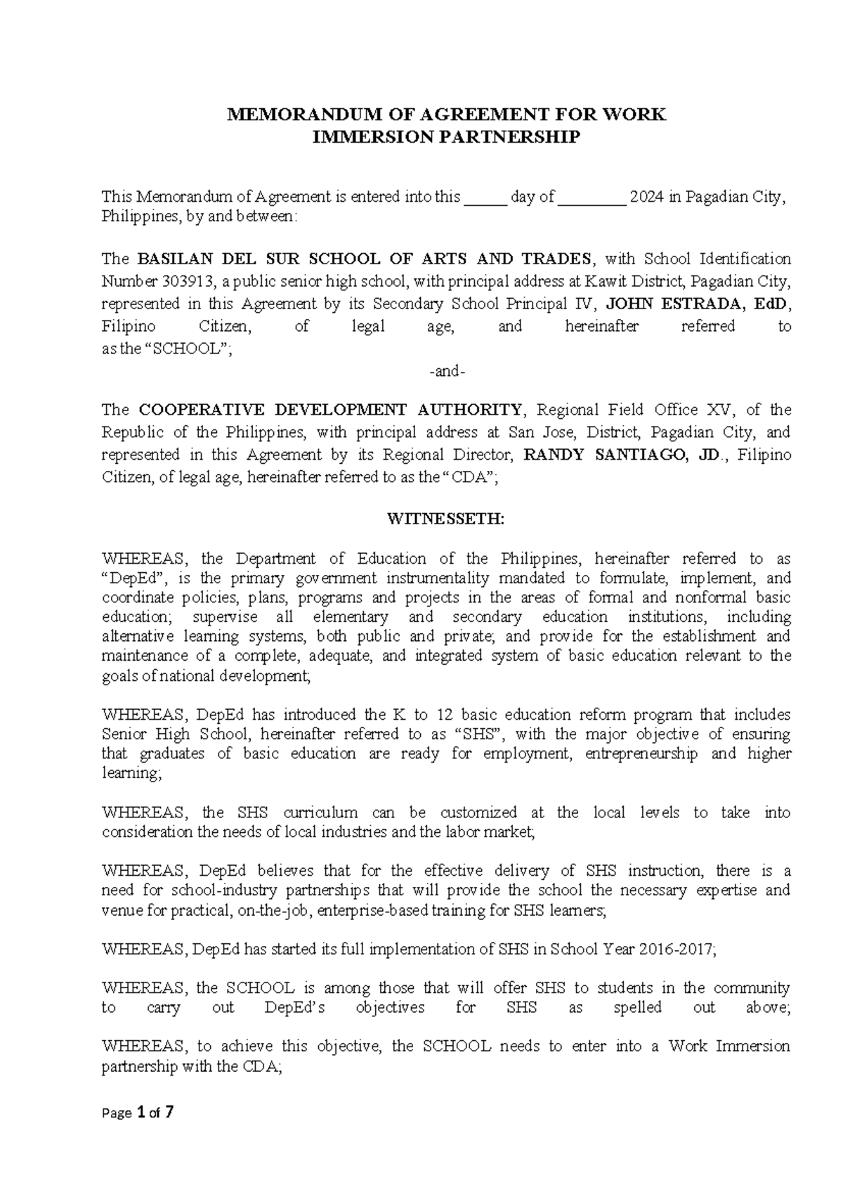 Sample Memorandum of Agreement (MOA) Government Version 2.1 ...