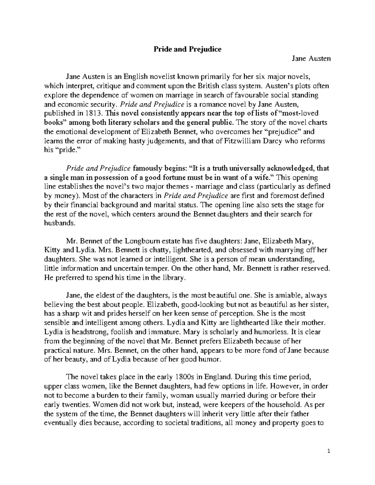 Pride and Prejudice - 1 Pride and Prejudice Jane Austen Jane Austen is ...