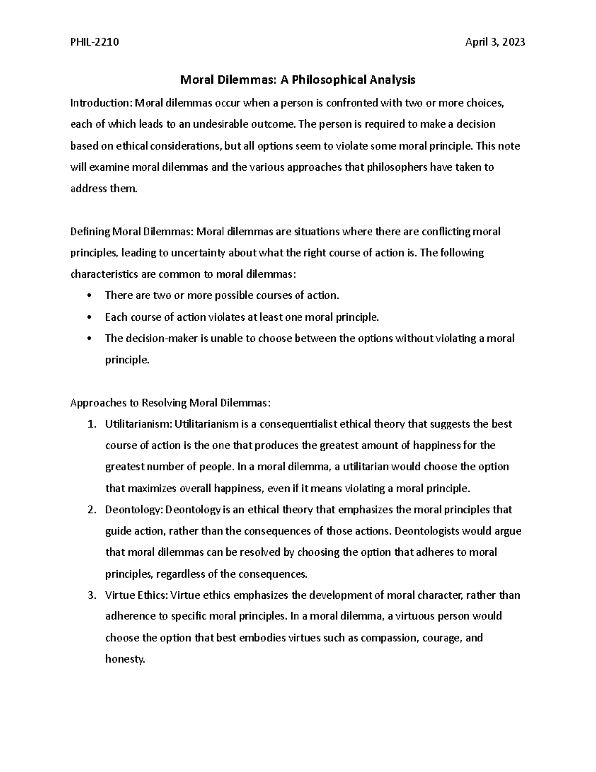 PHIL-2210: Moral dilemmas - PHIL-2210 April 3, 2023 Moral Dilemmas: A ...