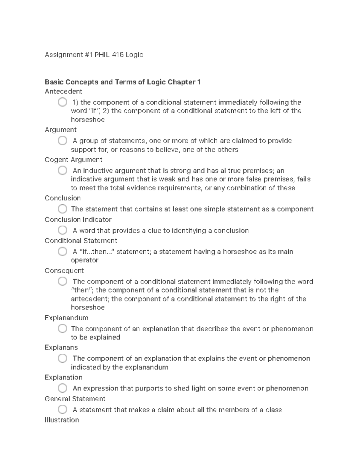 Assignment #1 PHIL 416 Logic - Assignment #1 PHIL 416 Logic Basic Concepts and Terms of Logic ...