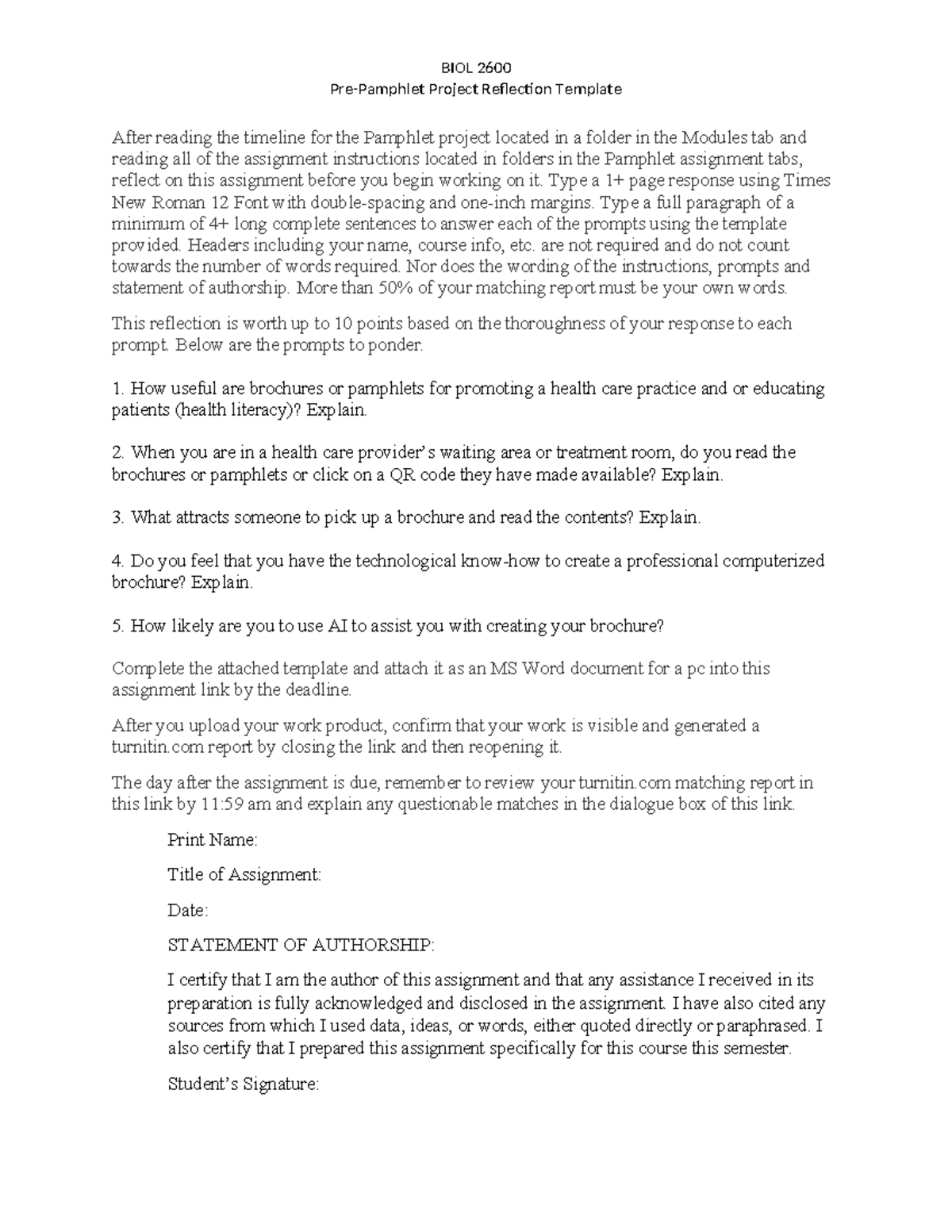 Pre Pamphlet Reflection Template-1 project - BIOL 2600 Pre-Pamphlet ...