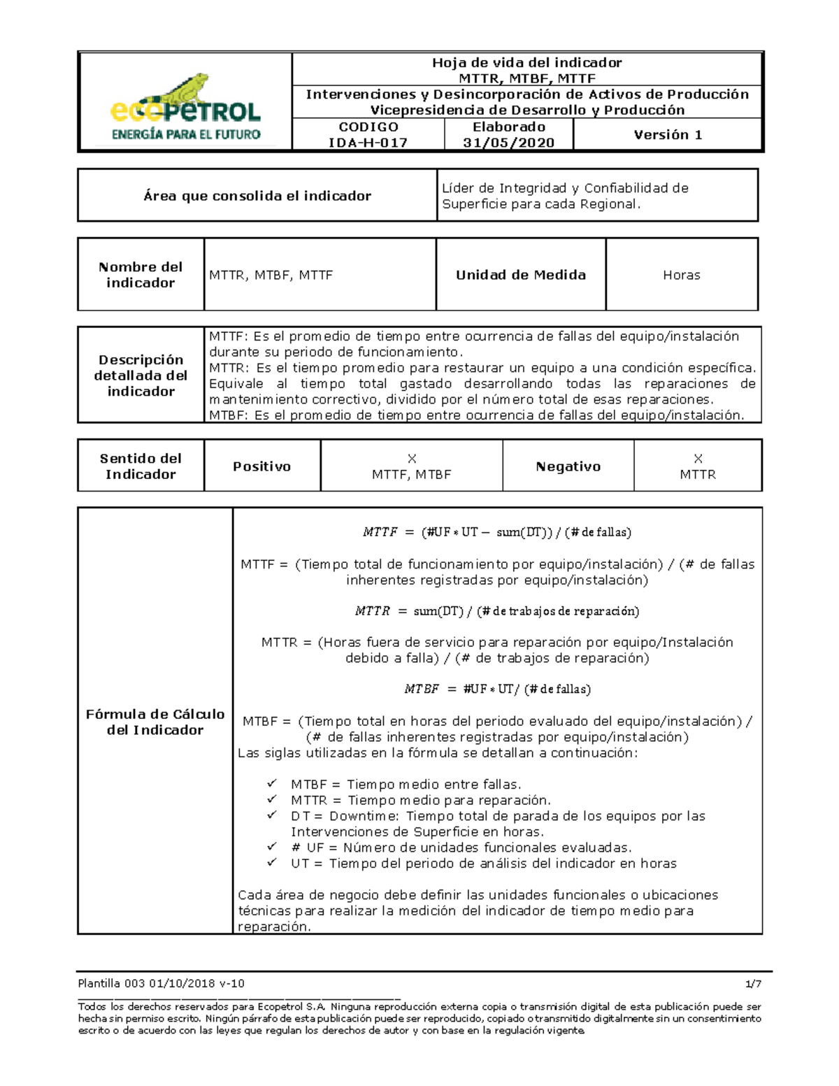 IDA-H-017 Hoja de vida del indicador MTTR, MTBF, MTT1 - MTTR, MTBF ...