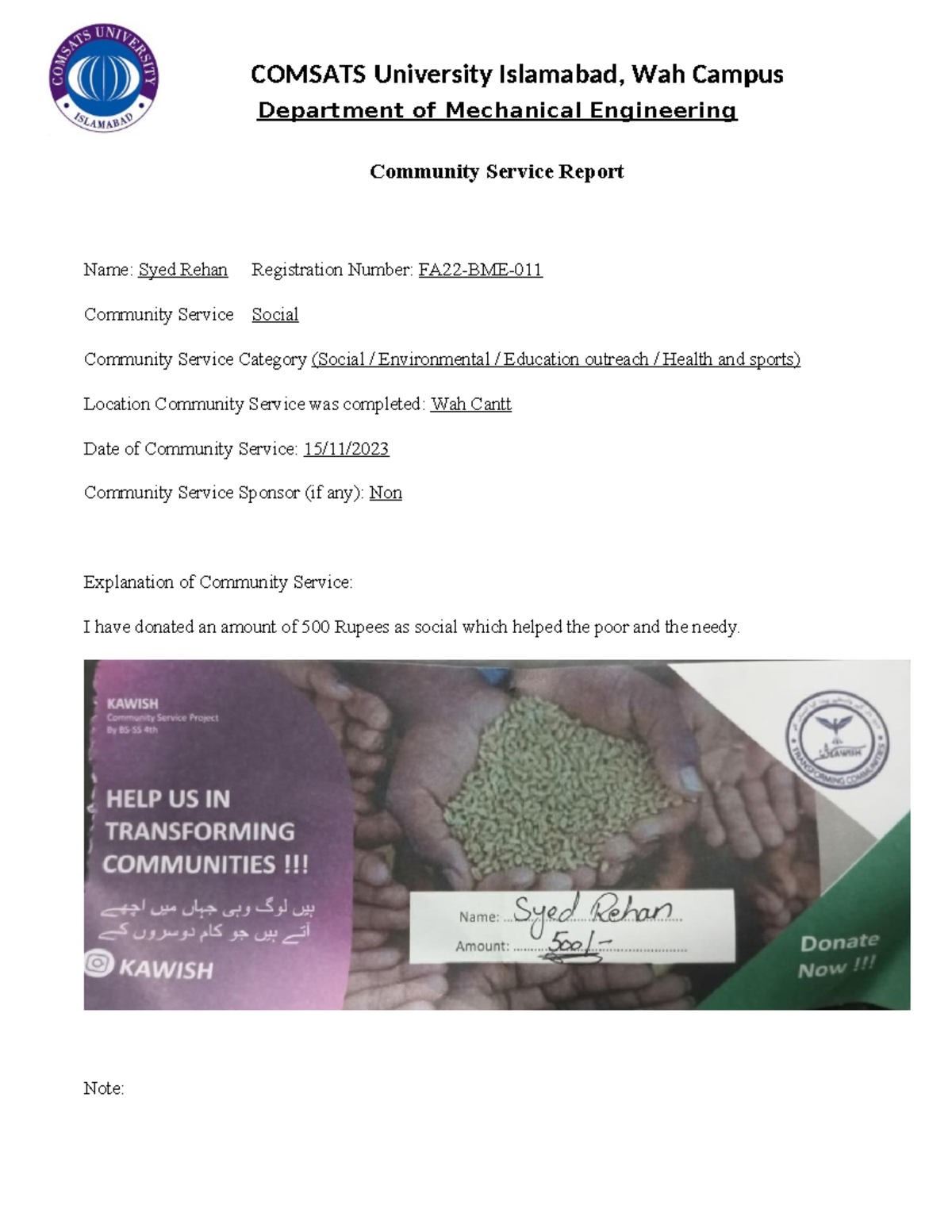 Community Service Report format - COMSATS University Islamabad, Wah ...