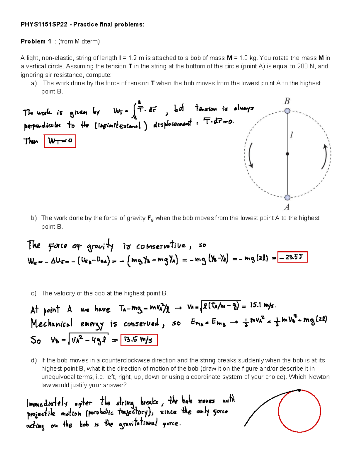 PHYS1151SP22-Practice Problems Final-Solutions - PHYS1151SP22 - Practice final problems: Problem ...