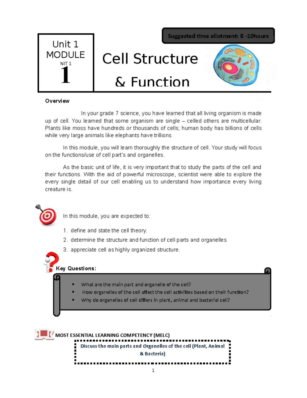 Week 1 the Cell parts Organelles physic is science - Unit 1 Overview In ...