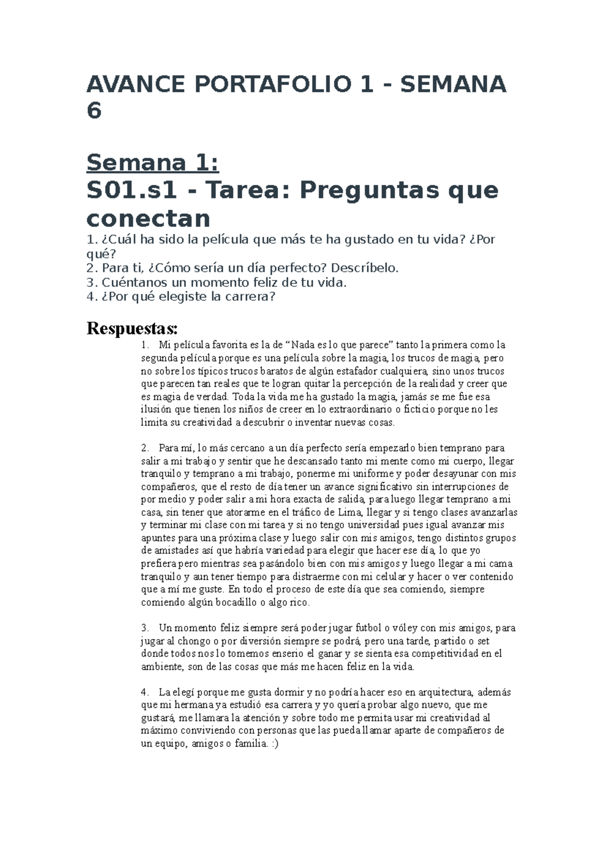 Avance DE Portafolio 1 - Semana 6 - AVANCE PORTAFOLIO 1 - SEMANA 6 Semana 1: S01 - Tarea ...