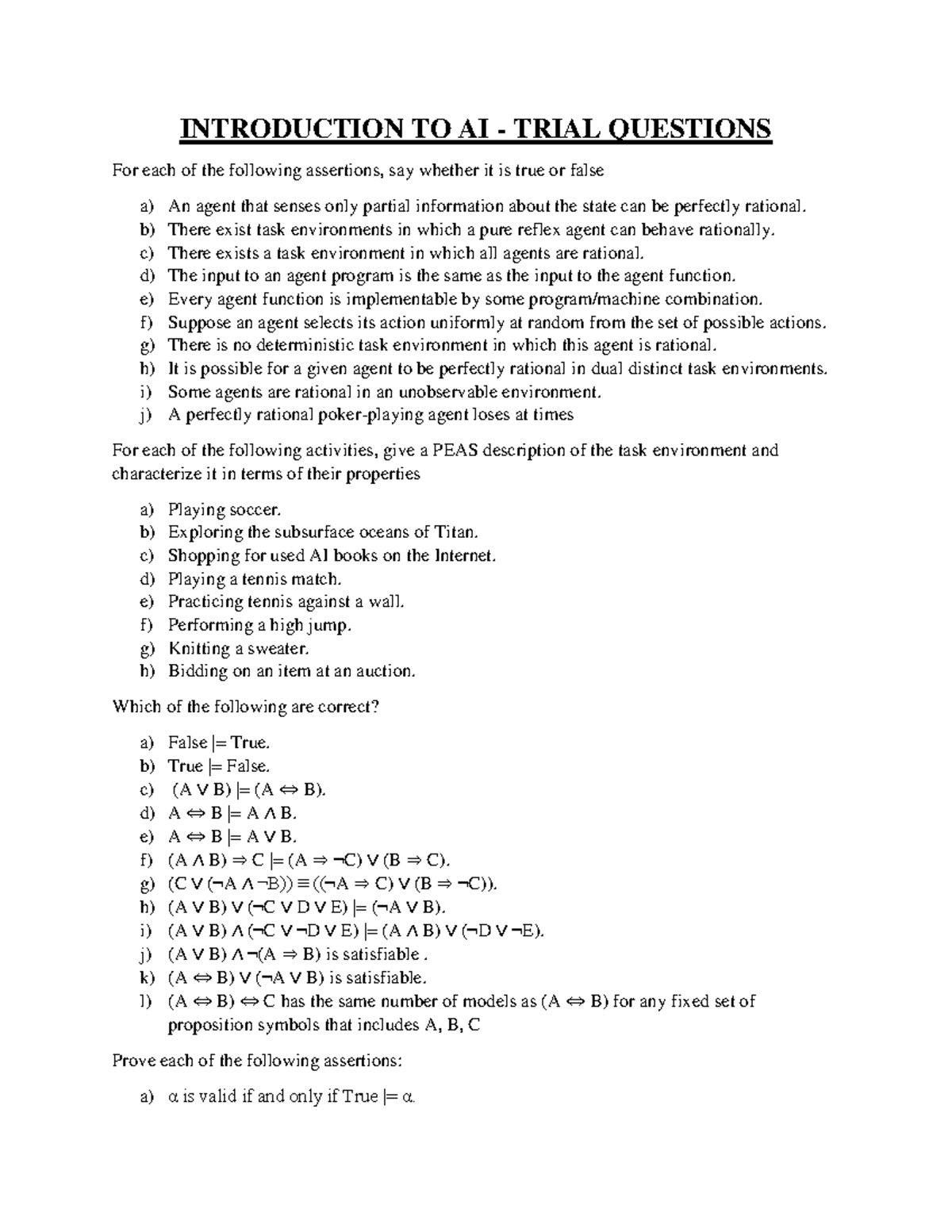 Introduction to AI - Trial Questions - INTRODUCTION TO AI - TRIAL ...