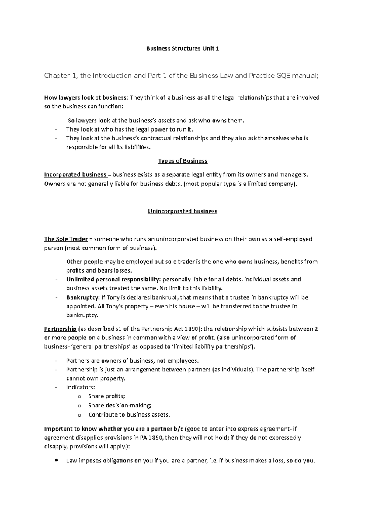Business Structures Unit 1 - They look at who has the legal power to ...