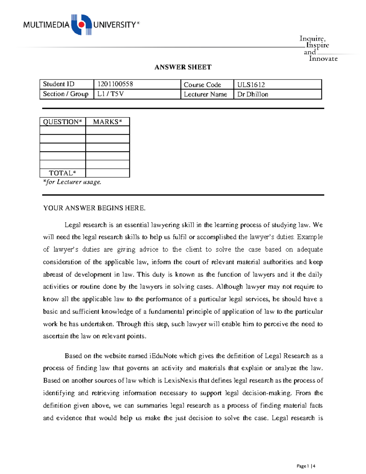 12011 00558 ULS1612 L1 - exam answer - Student ID 1201100558 Course Code ULS 1612 Section ...