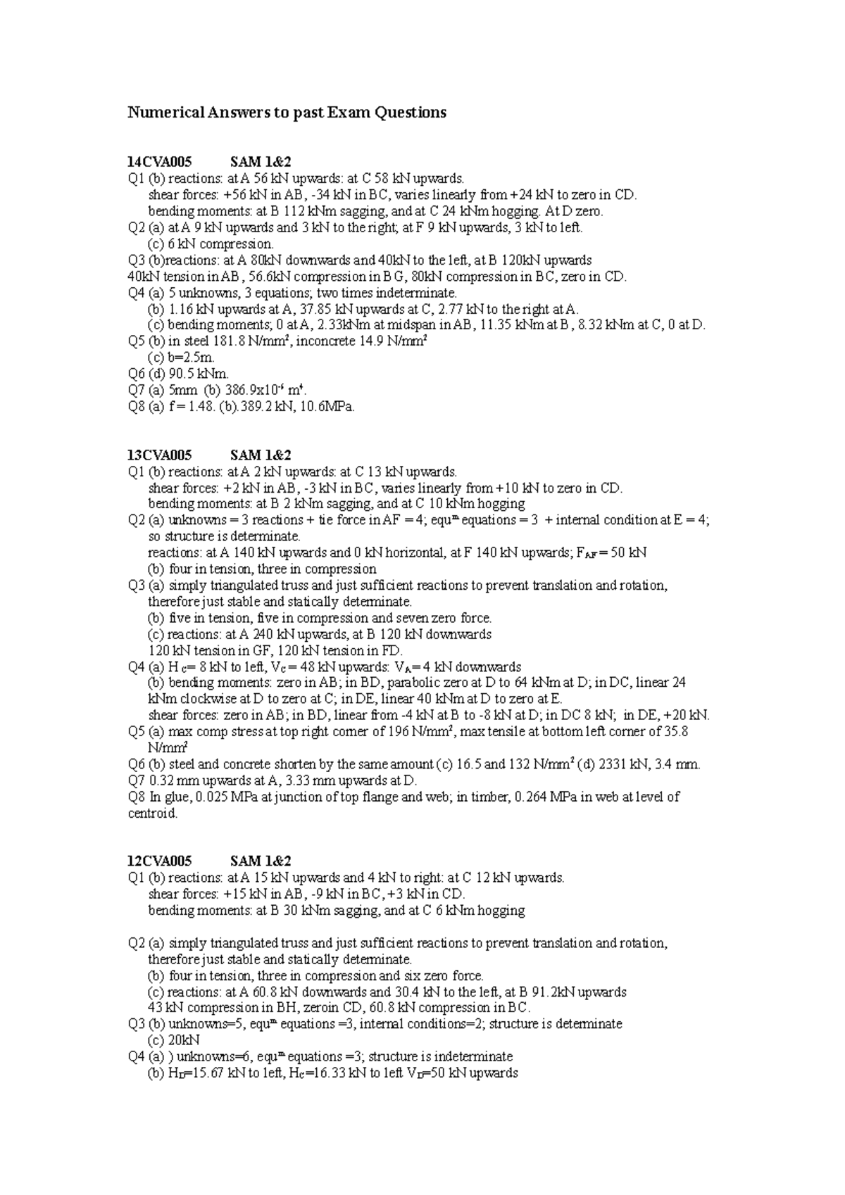 Structural Analysis 1 and 2 Exam June 2016, answers - Numerical Answers ...