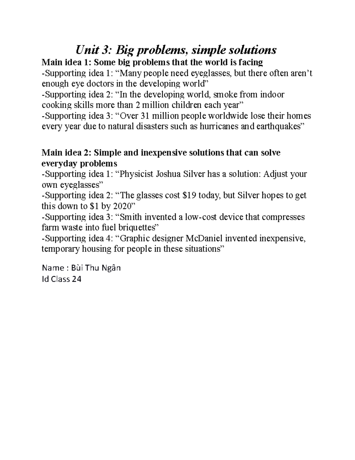 Bùi Thu Ngân - noooooooooooooooooooooooooooooooooooooo - Unit 3: Big problems, simple solutions ...