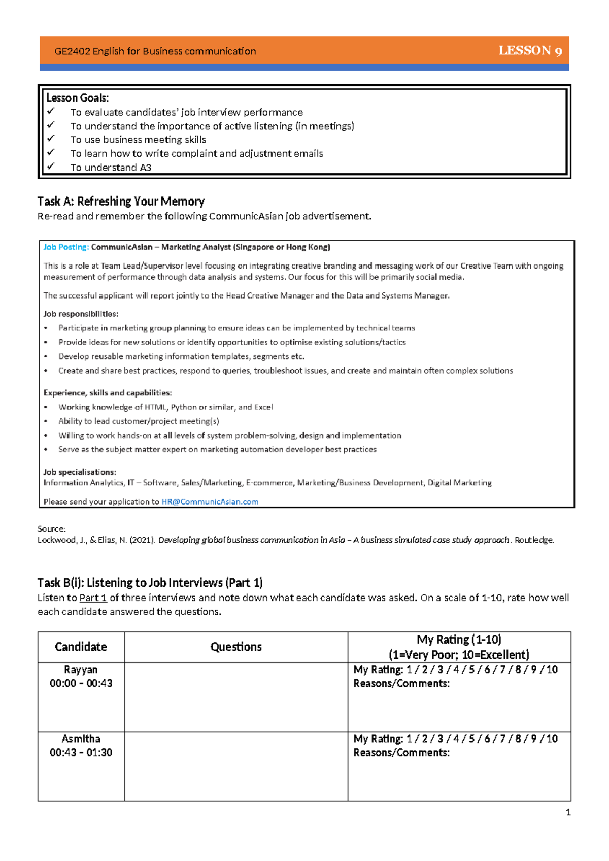 Lesson 9 Handout - Lesson Goals: To evaluate candidates’ job interview ...
