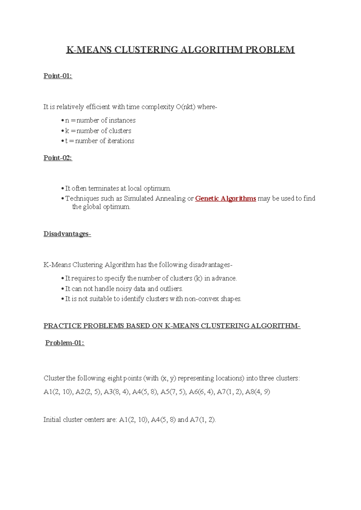 K Means Problem - K-MEANS CLUSTERING ALGORITHM PROBLEM Point-01: It is ...