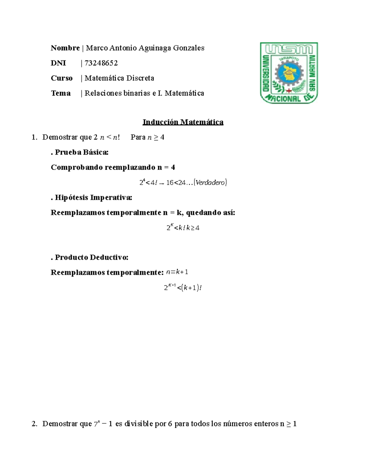 MATE Discreta - Nombre | Marco Antonio Aguinaga Gonzales DNI | 73248652 ...