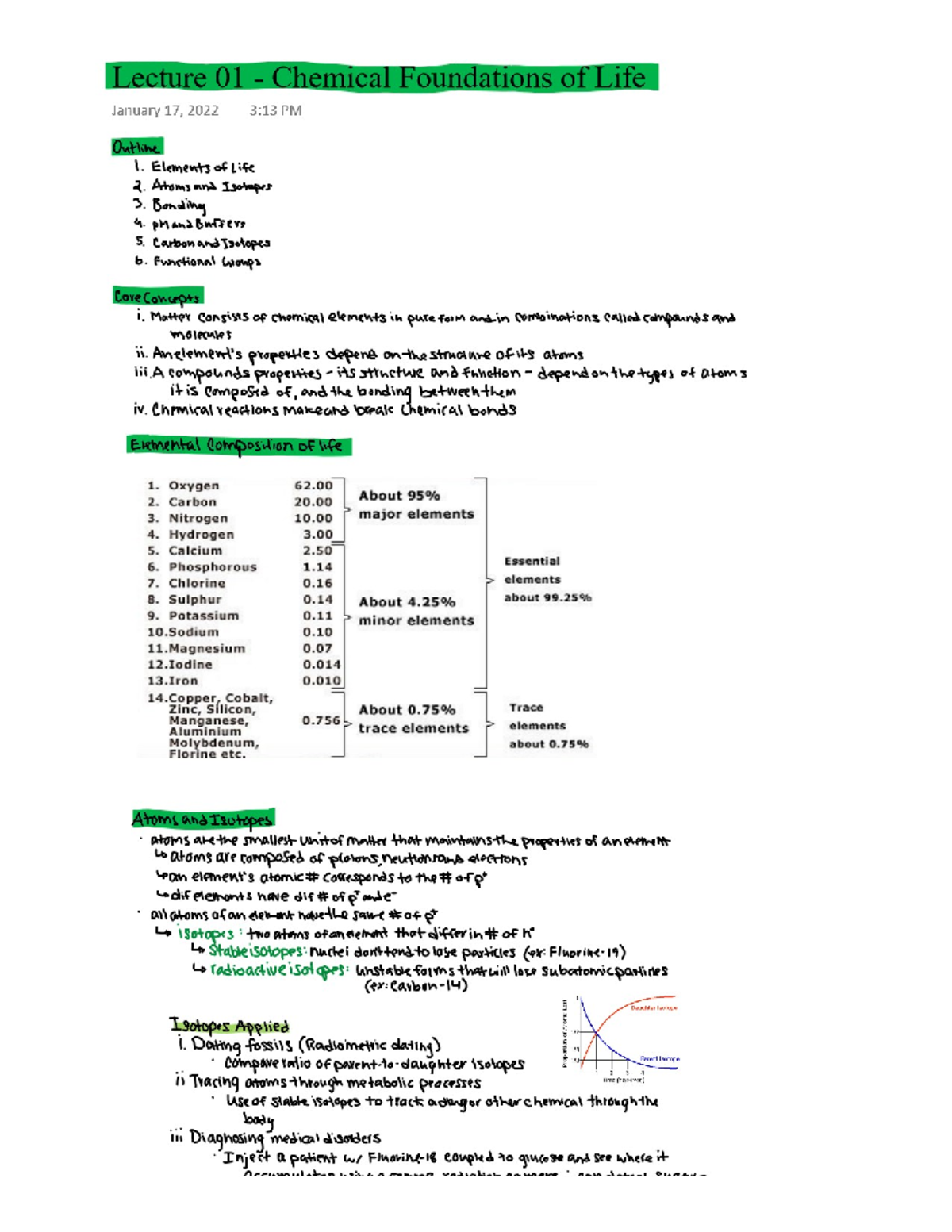 Biology II - Lecture 01 Chemical Foundations of Life - 101-DCN-05 - Studocu