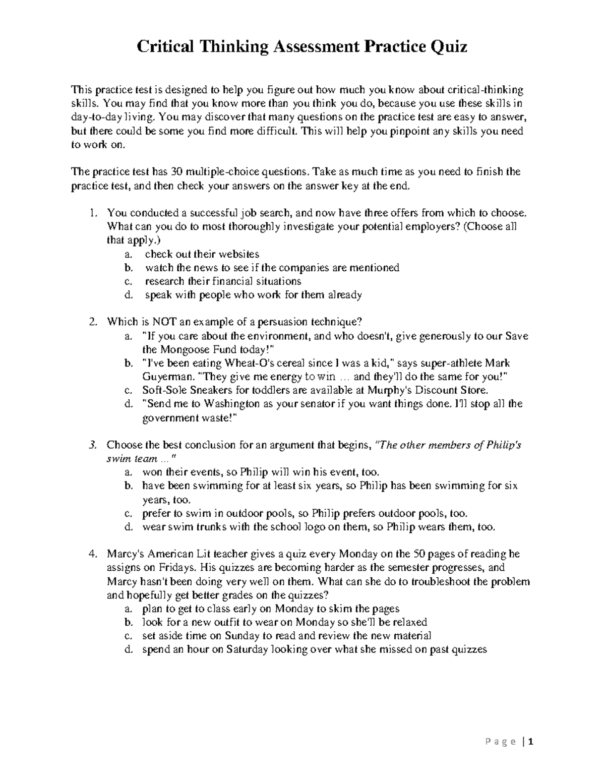 Critical thinking exercise 4 sem chandigarh - This practice test is ...