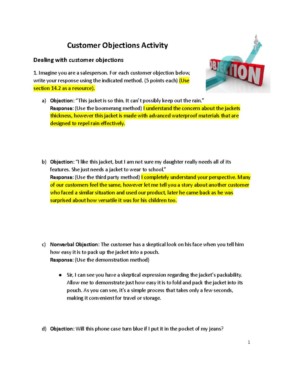 Copy of Customer Objections Activity - Customer Objections Activity ...