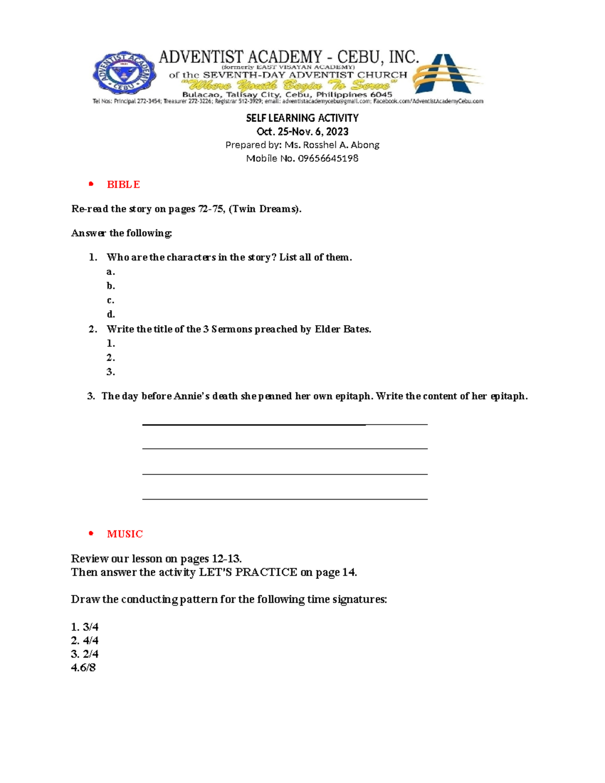 SELF Learning Activity Grade 6 Jasper Teacher Rosshel - SELF LEARNING ...