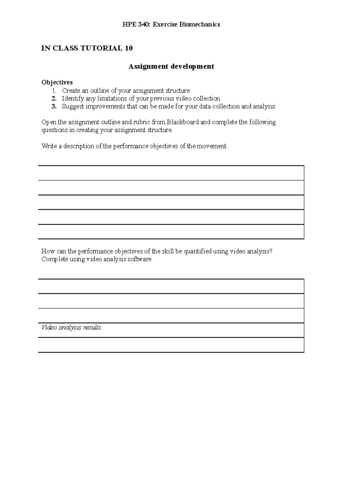 HPE 340 In class tutorial 10 -Assignment development - IN CLASS TUTORIAL 10 Assignment ...