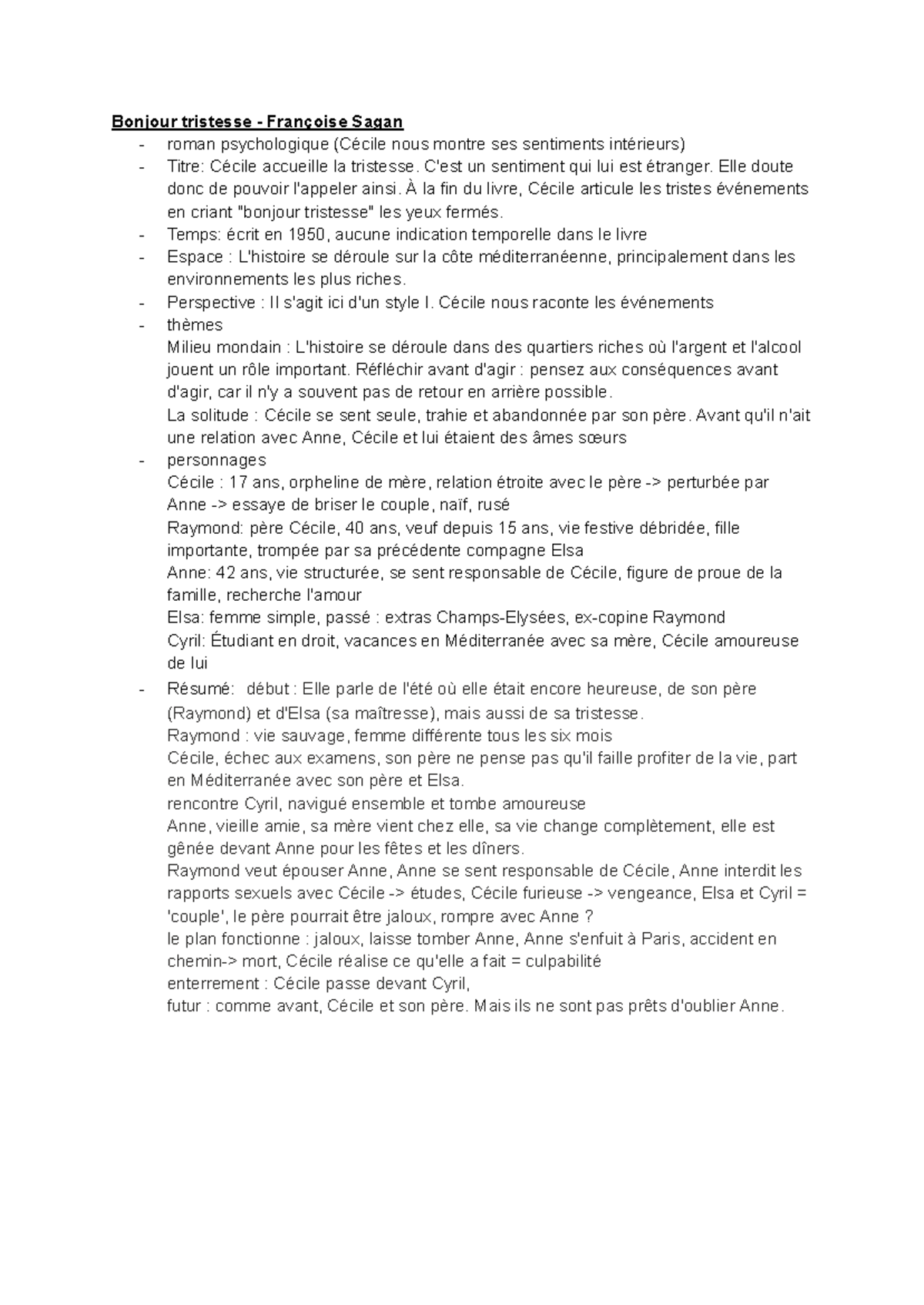 Bonjour tristesse - samenvatting - Bonjour tristesse - Françoise Sagan ...