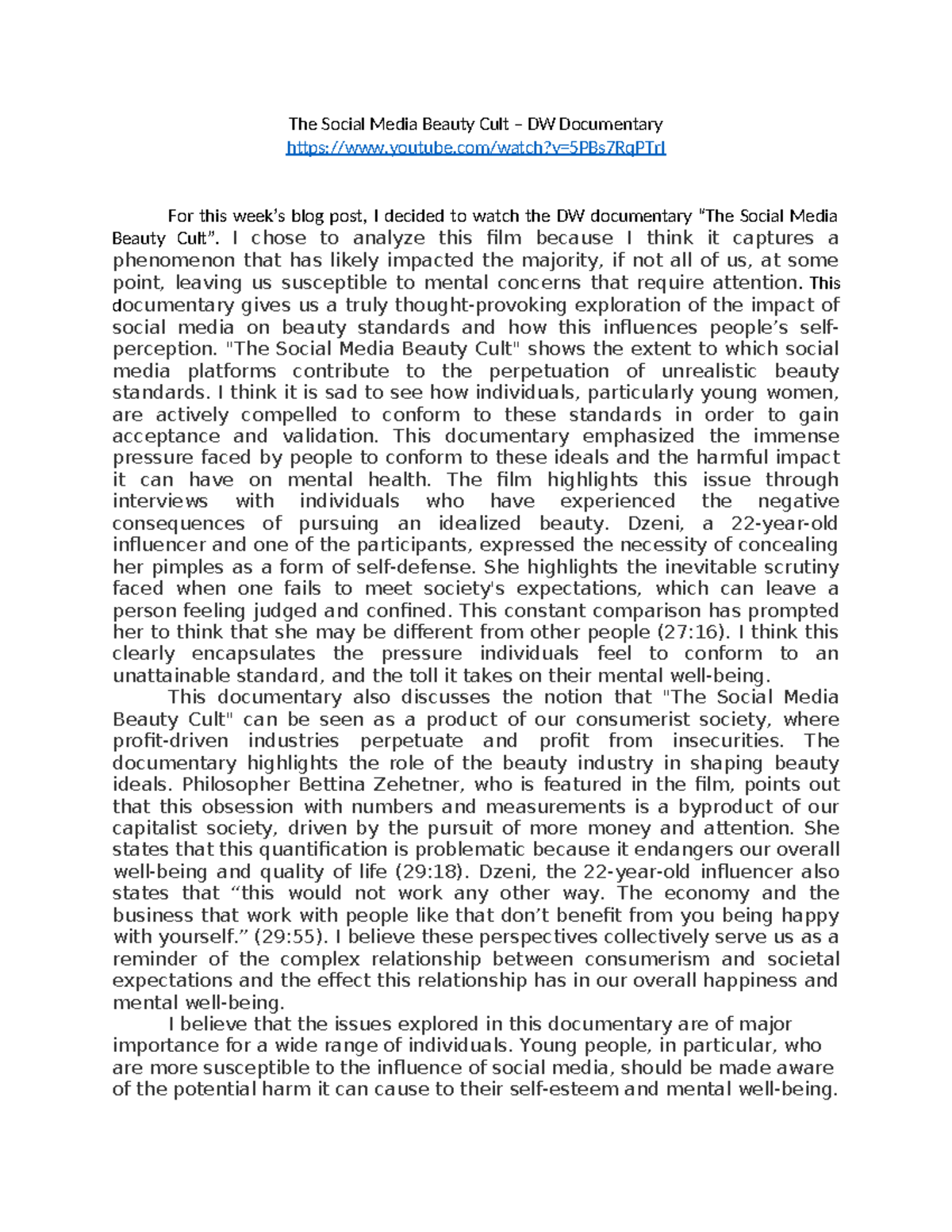 Module 9 Blog Post - Blog Post - The Social Media Beauty Cult – DW Documentary - Studocu