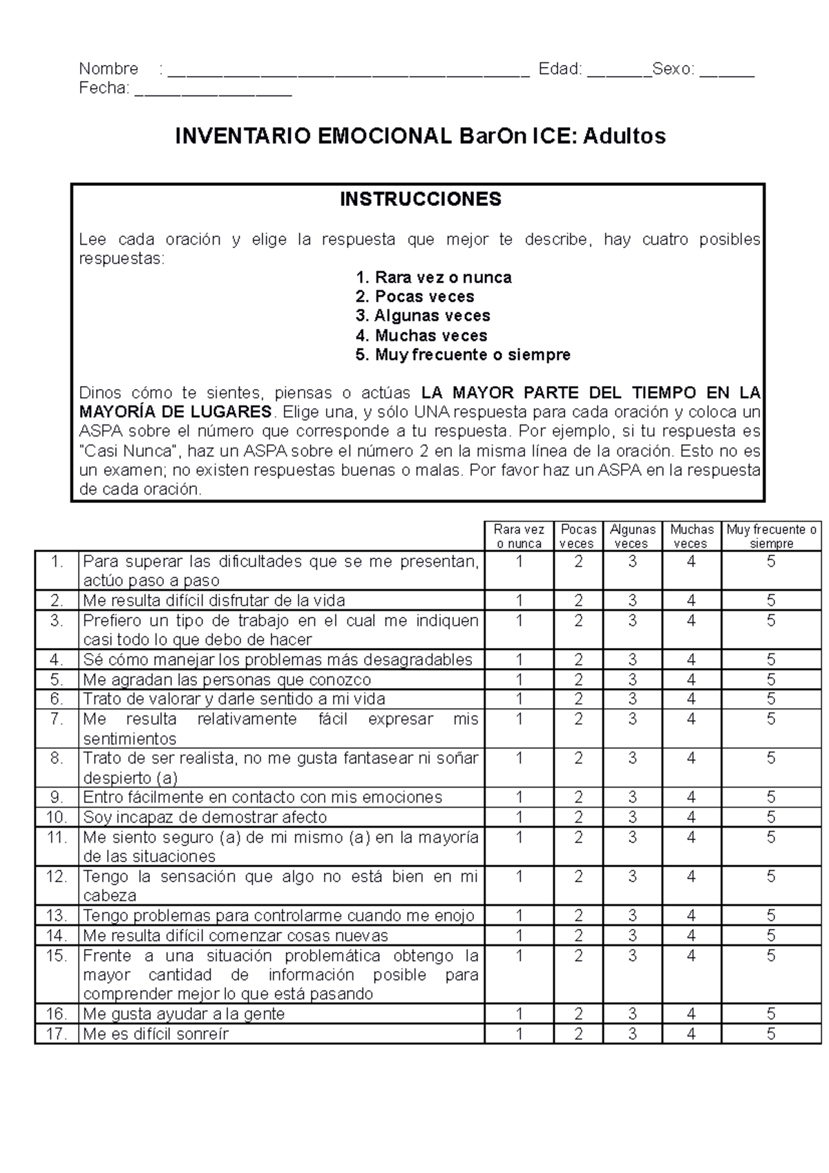 Inventario de Inteligencia Emocional de Bar On - Nombre