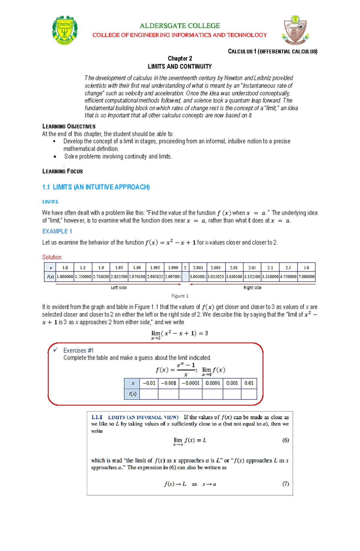 Module 2 Limits And Continuity Aldersgate College College Of