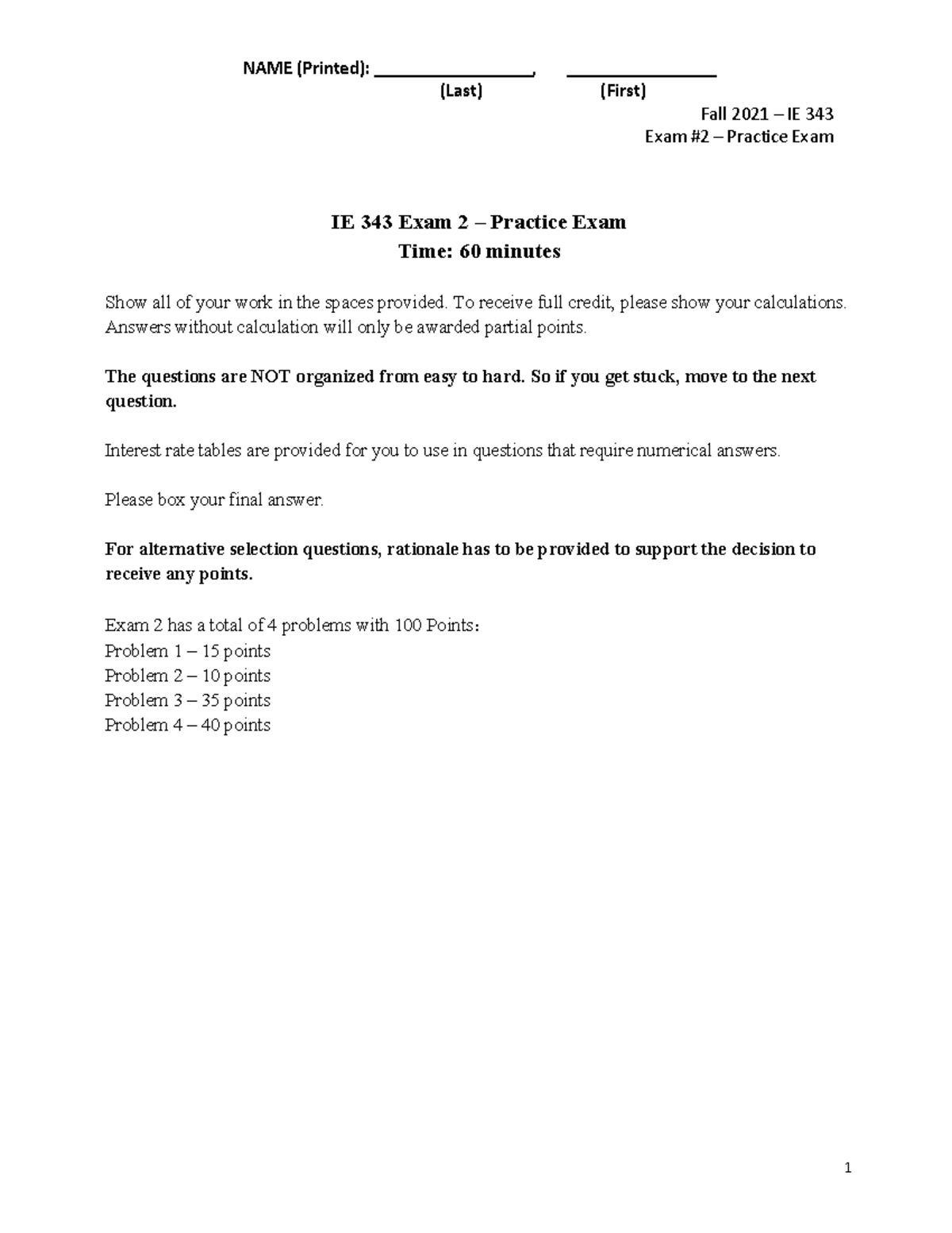 F20 Exam-2 Practice Exam Solutions - (Last) (First) Fall 2021 – IE 343 ...