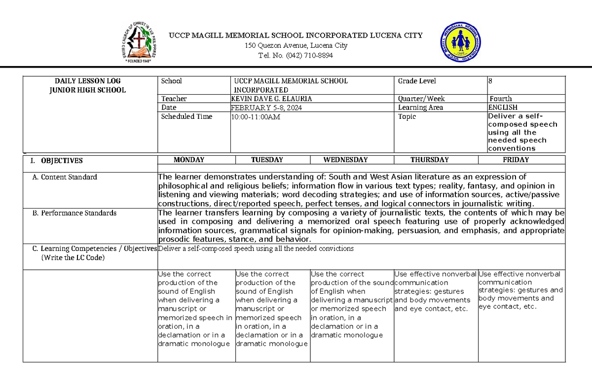 Delivering SELF Composed Speech DLL Grade 8 - UCCP MAGILL MEMORIAL ...