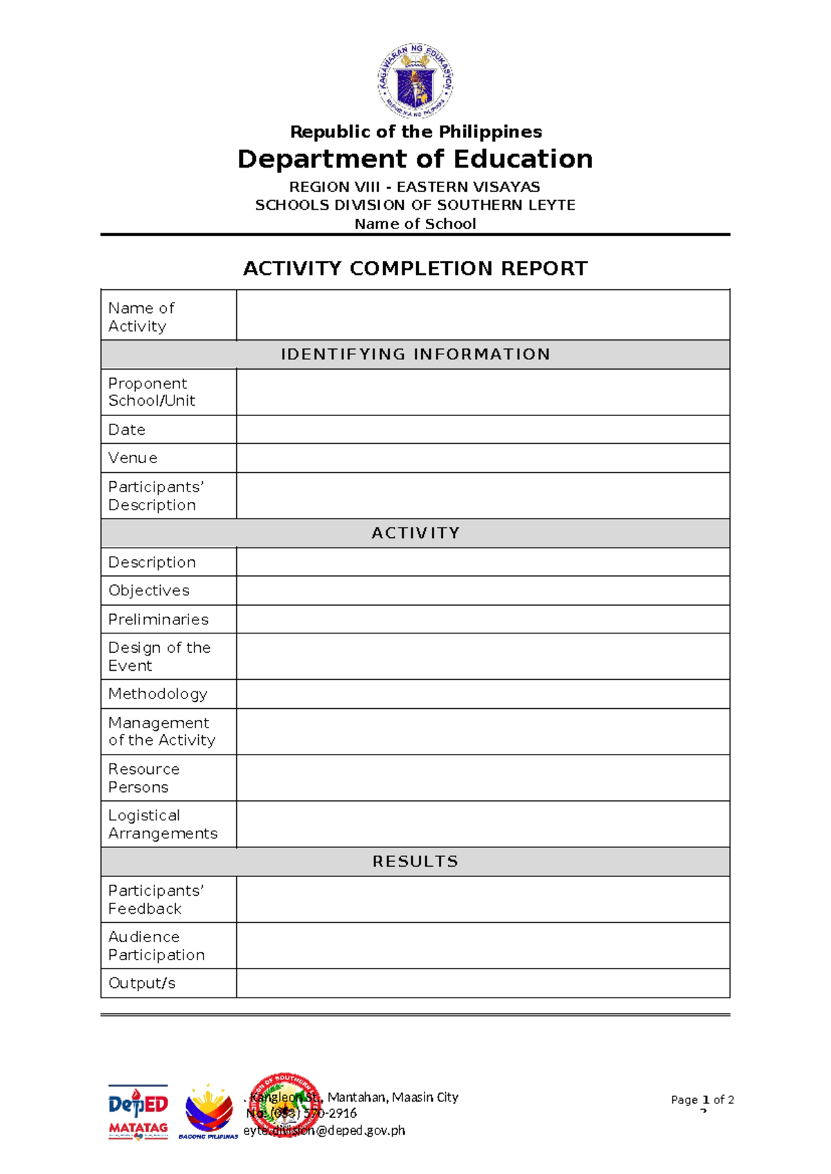 Activity Completion Report Template - Page 1 of 2 2 Republic of the ...