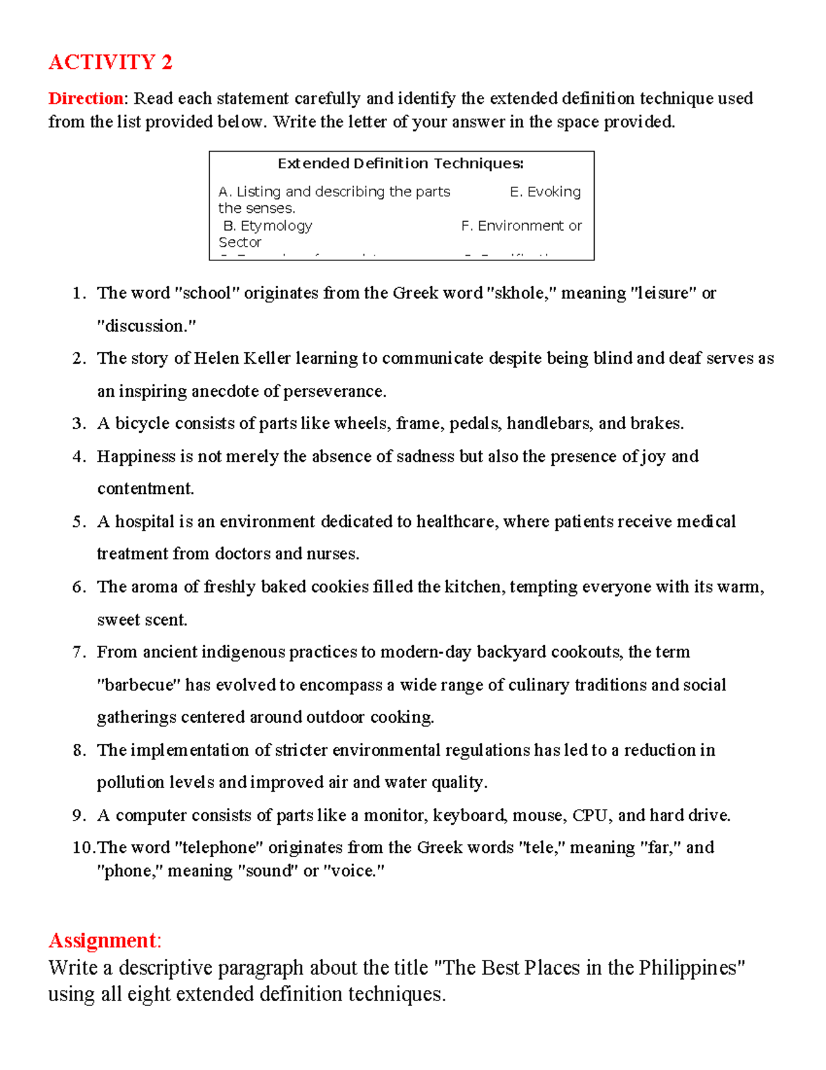Expanded Def. Activities - ACTIVITY 2 Direction: Read each statement ...