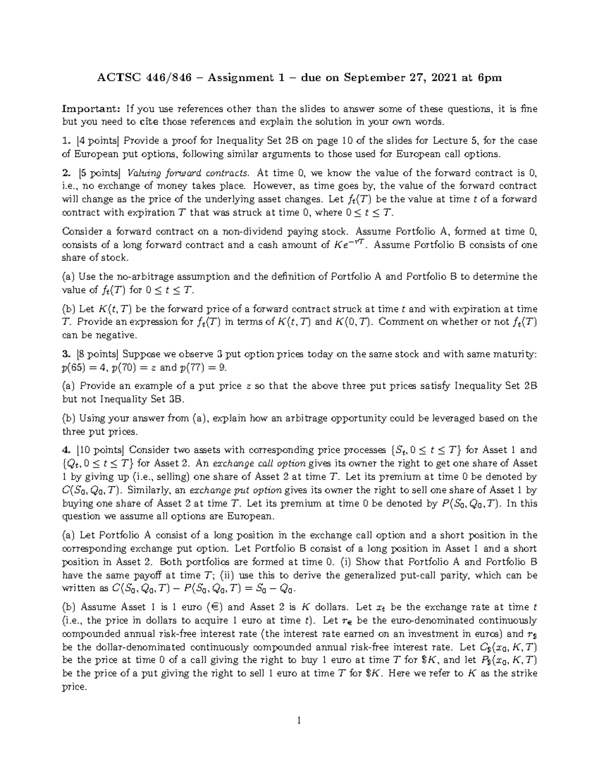 ACTSC 446 Assignment 1 - ACTSC 446/846 – Assignment 1 – due on ...