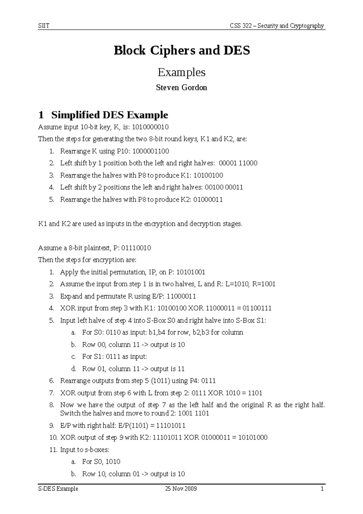 DES Example - Cyber Security (CS001) - Edit - SIIT CSS 322 – Security and Cryptography Block ...